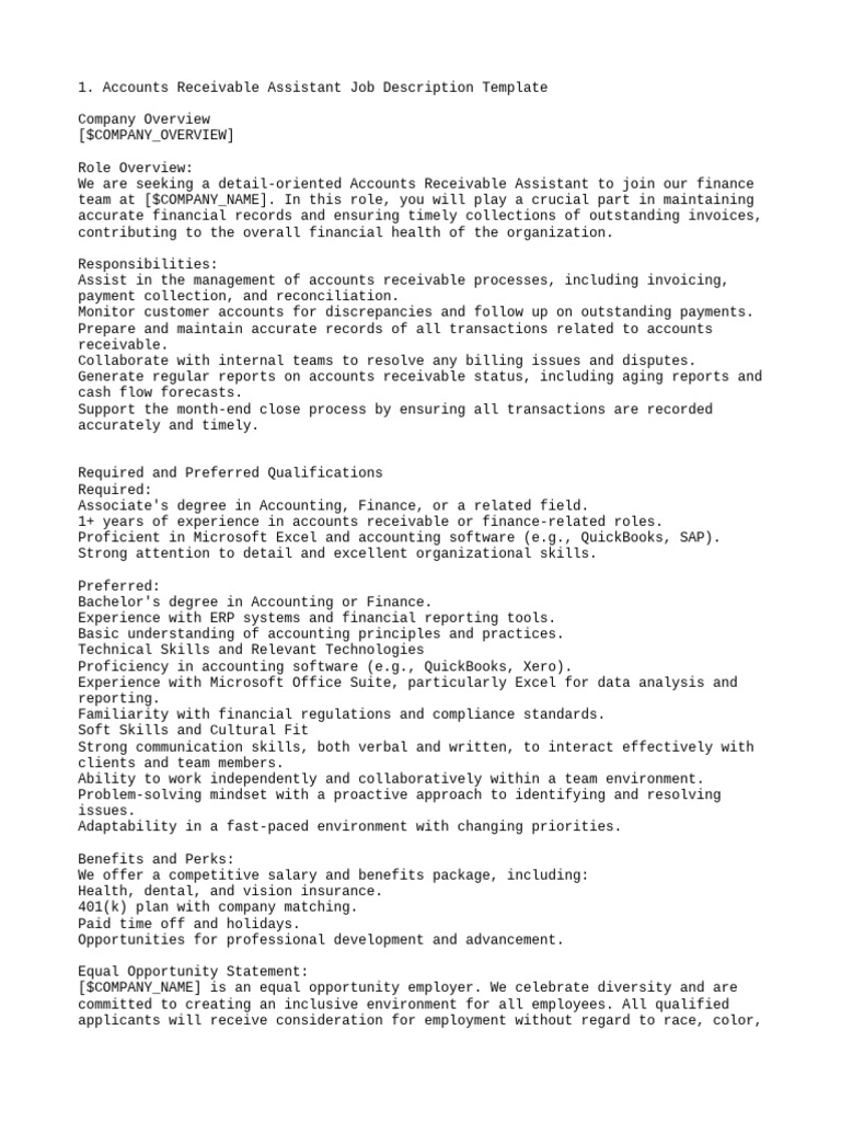 Accounts Receivable Assistant Job Description Template | PDF | Employee ...