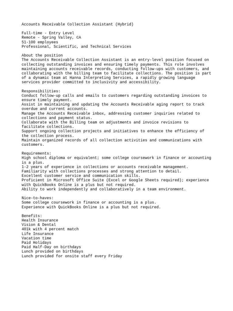 Accounts Receivable Collection Assistant (Hybrid) | PDF