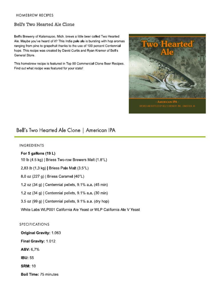Bell's Two Hearted Ale Clone - Beer Recipe | PDF