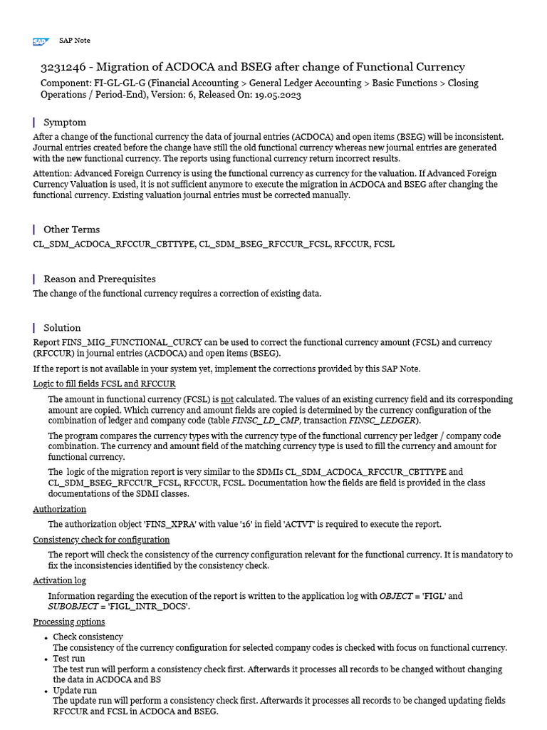 Migration of ACDOCA and BSEG After Change of Functional Currency | PDF ...