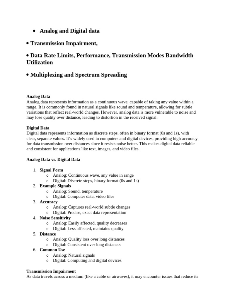 Analog vs. Digital Data Transmission | PDF | Duplex (Telecommunications) | Multiplexing