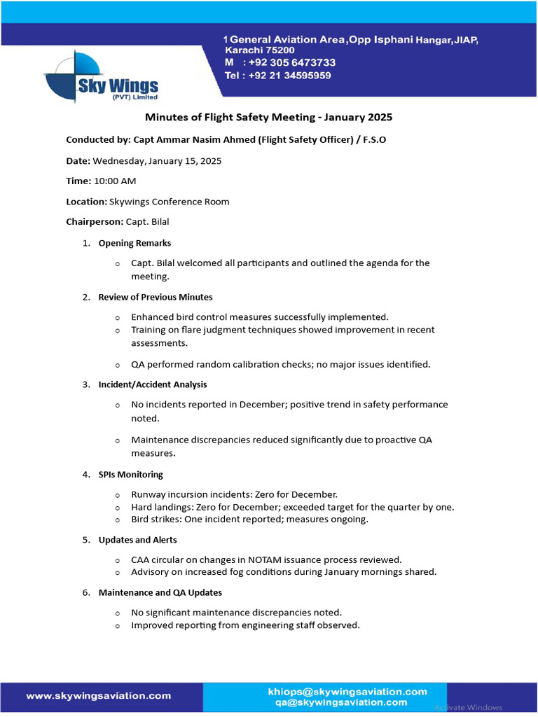 Flight Safety Meeting Minutes - Jan 2025 | PDF