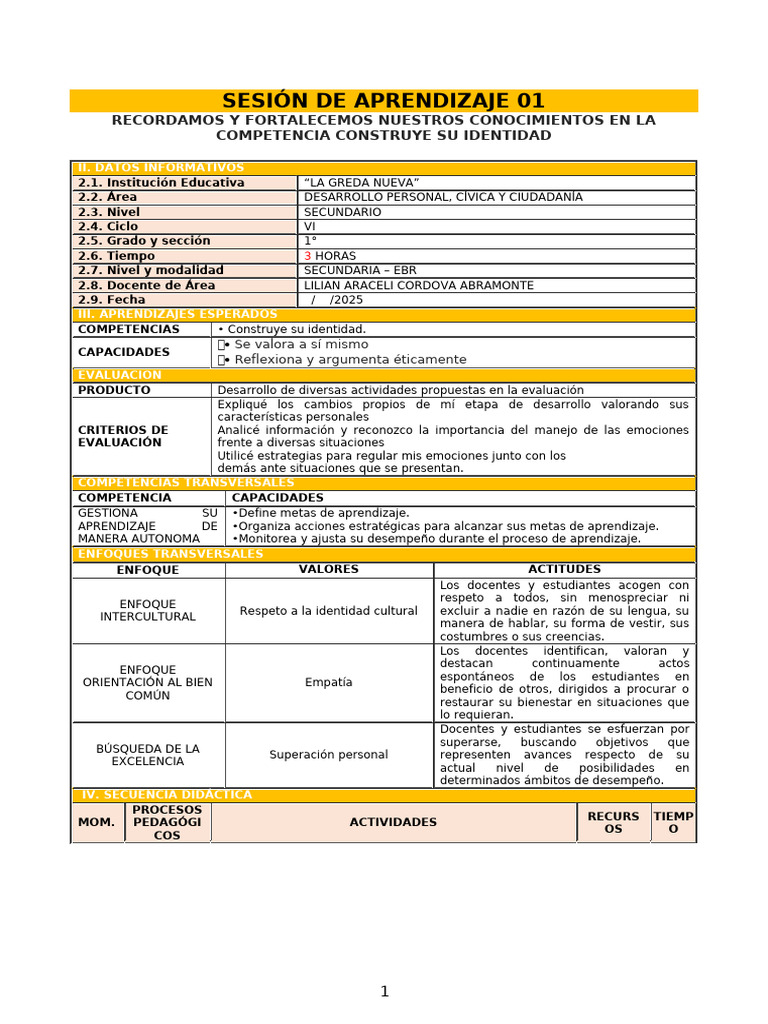 1° SESION ACTV 0. DPCC 2025 1 | PDF | Aprendizaje | Enseñando