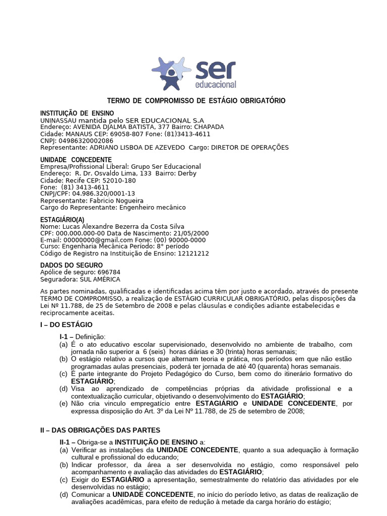 Modelo Do Tce Preenchido (Exemplo de Preenchimento) | PDF | Estágio | Procura de Emprego
