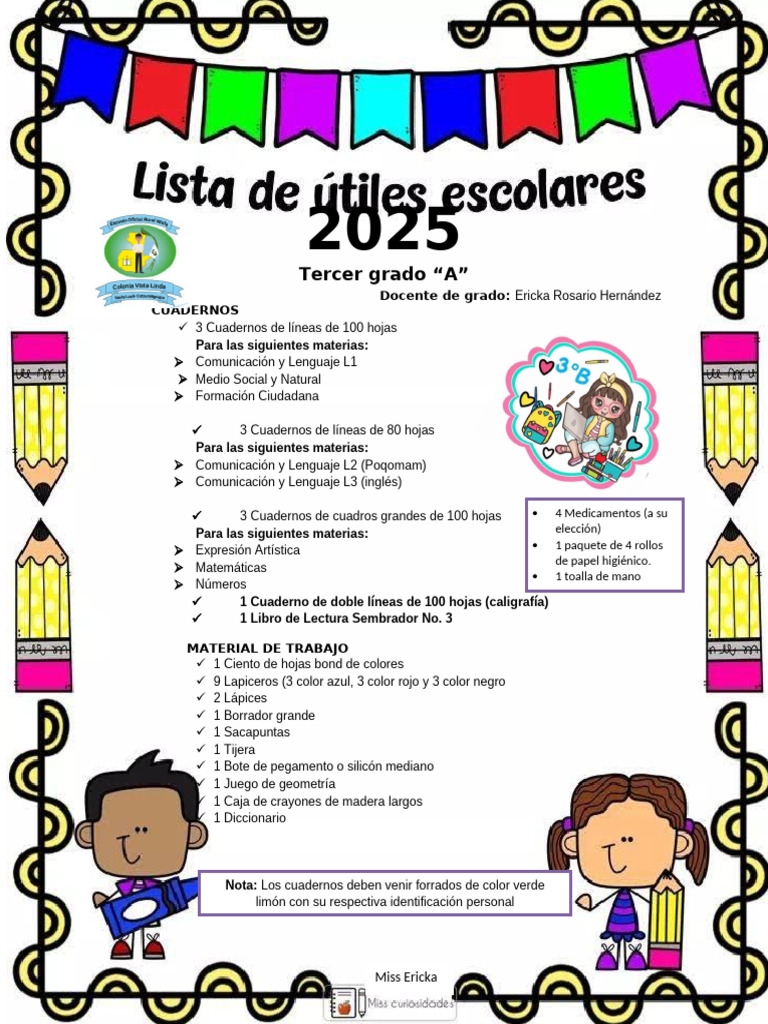 Lista de Utiles Escolares Tercero A 2025 | PDF