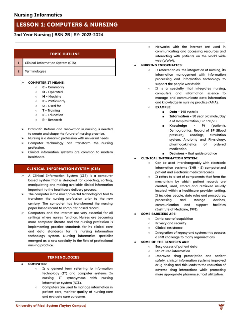 Nursing Informatics Lesson 1 7 Prelims | PDF | Electronic Health Record | Medical Imaging