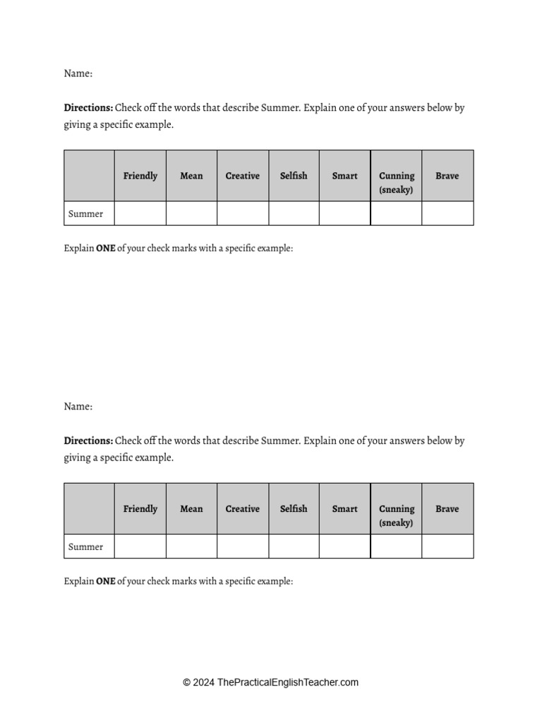 Character Checklist Summer | PDF