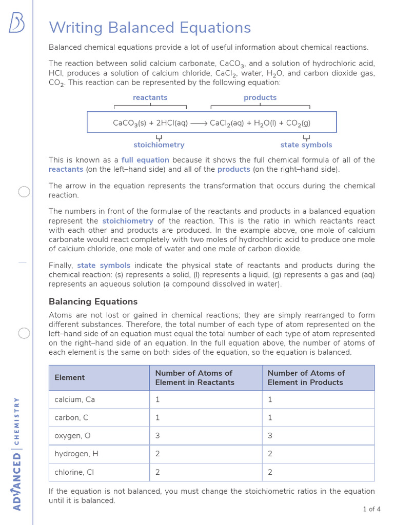 Writing Balanced Equations Information Sheet | PDF | Stoichiometry ...