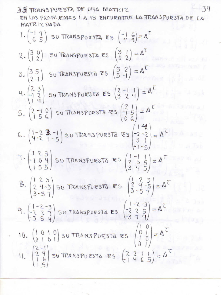 U2 1matrices Ejercicios 39 42 3.5transpuestadeunamatriz | PDF