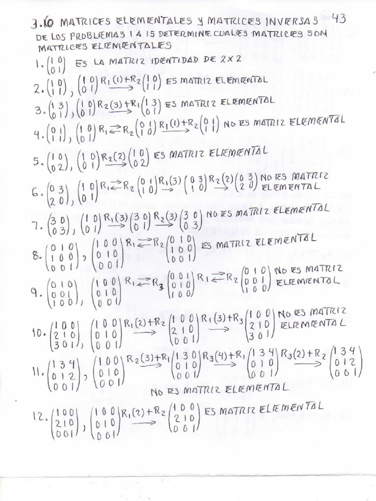 U2 1matrices Ejercicios 43 45 3.6matriceselementalesymatricesinversas | PDF