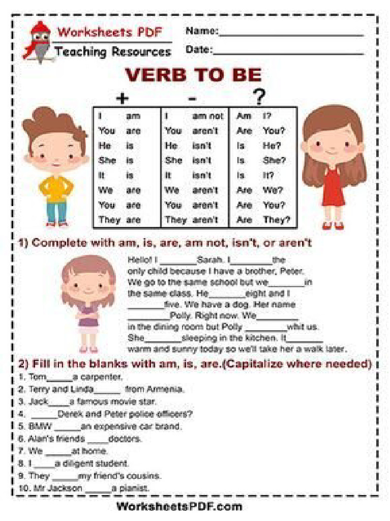 Free Worksheets Verb To Be Am Is Are | PDF