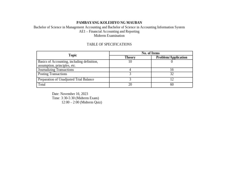 Financial Accounting and Reporting - Midterm Examination - TOS | PDF