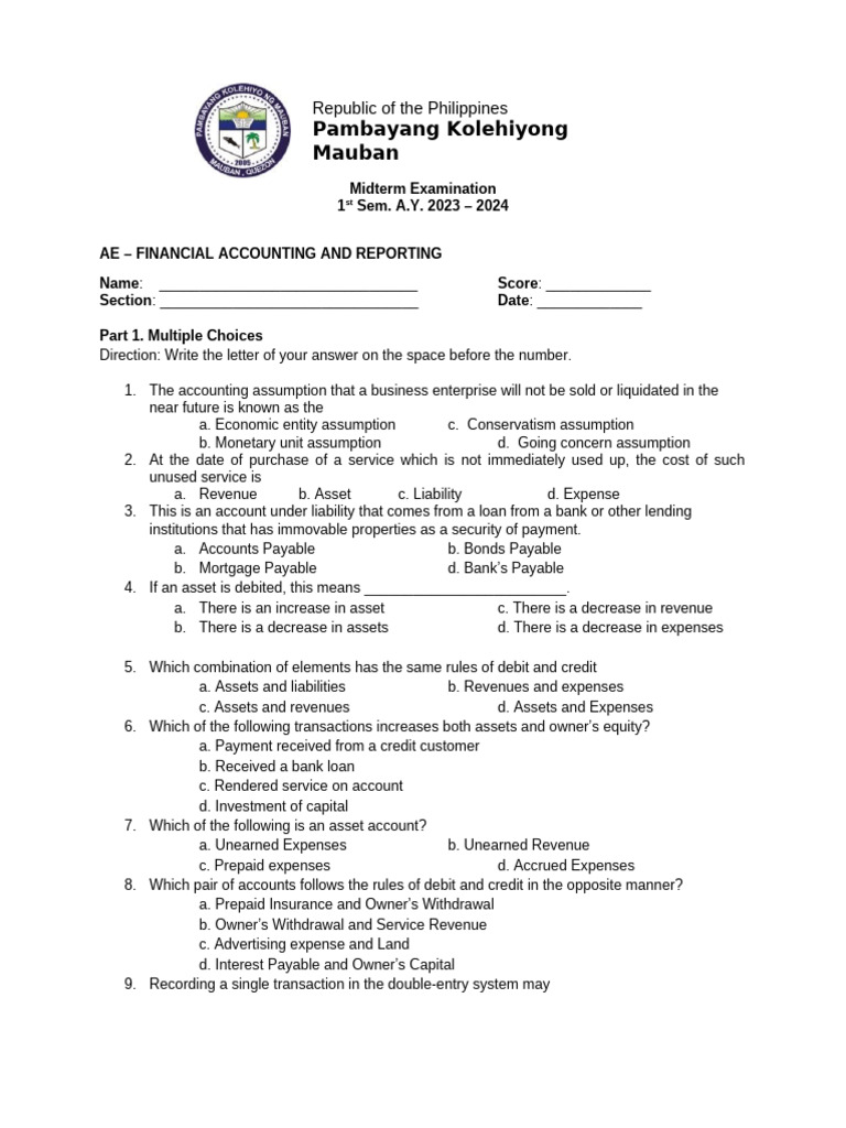 Financial Accounting and Reporting - Midterm Examination Questionnaire ...