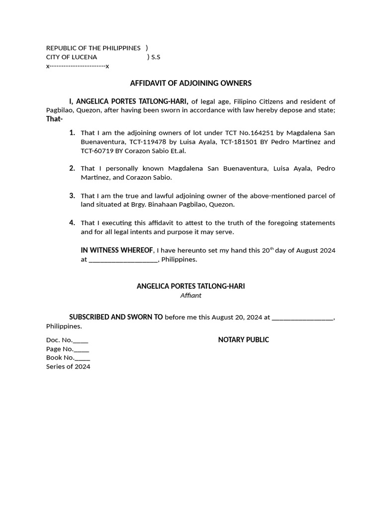 Affidavit of Adjoining Lot Owners | PDF