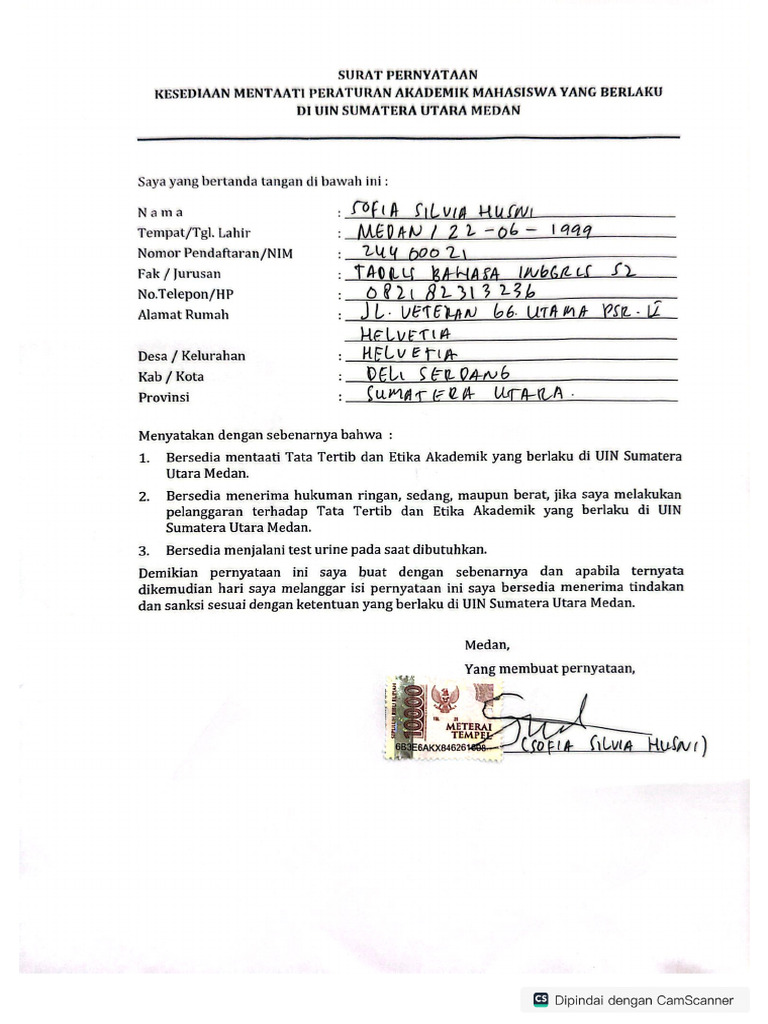 Scan Surat Pernyataan Kesediaan Mentaati Peraturan Akademik | PDF