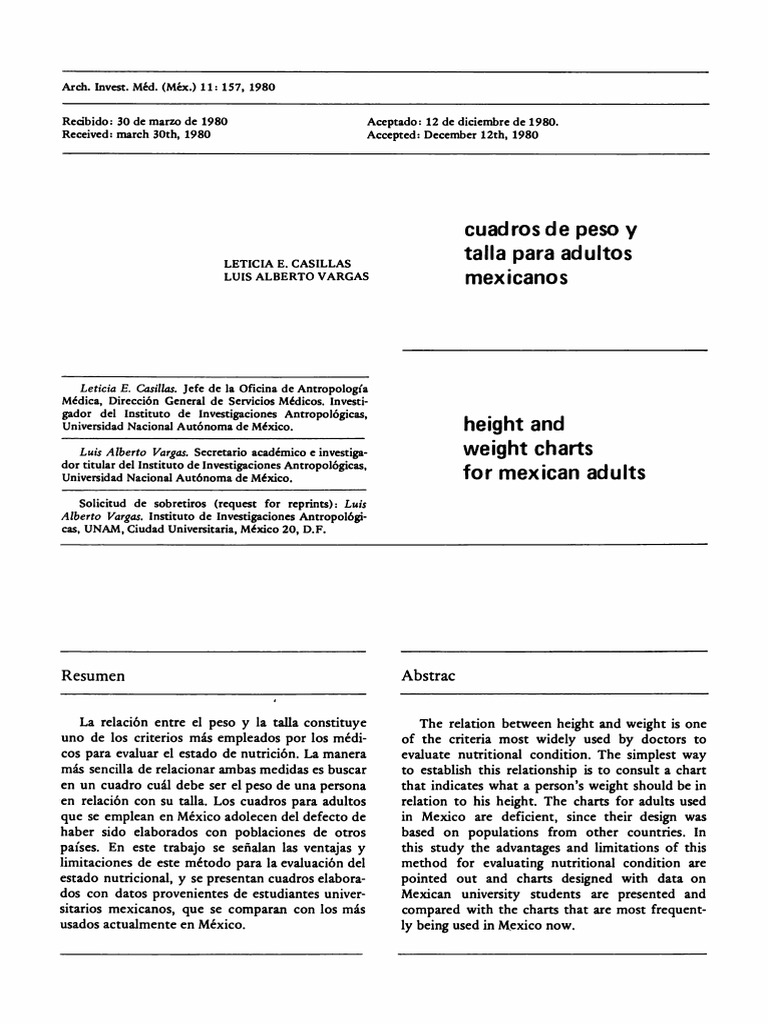 Cuadros de Peso y Talla para Adultos Mexicanos: Resumen Abstrae | PDF ...