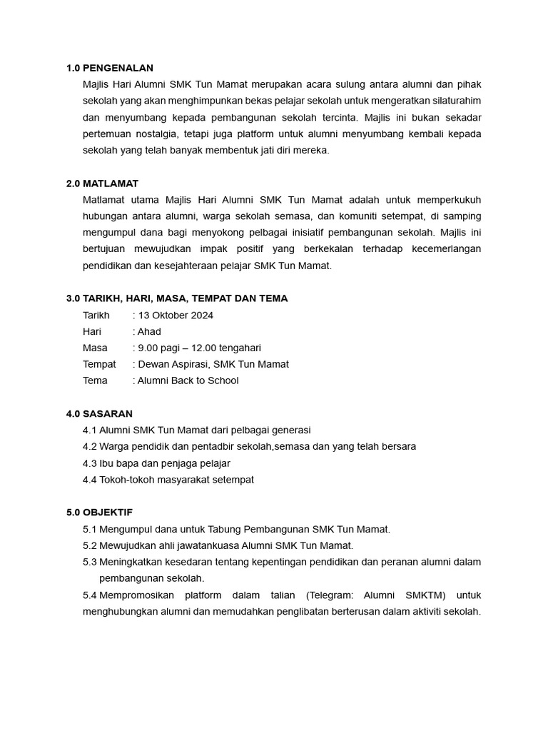 Terkini - Kertas Kerja Hari Alumni SMK Tun Mamat | PDF