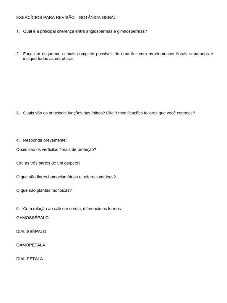 Exercícios de Revisão em Botânica Geral | PDF