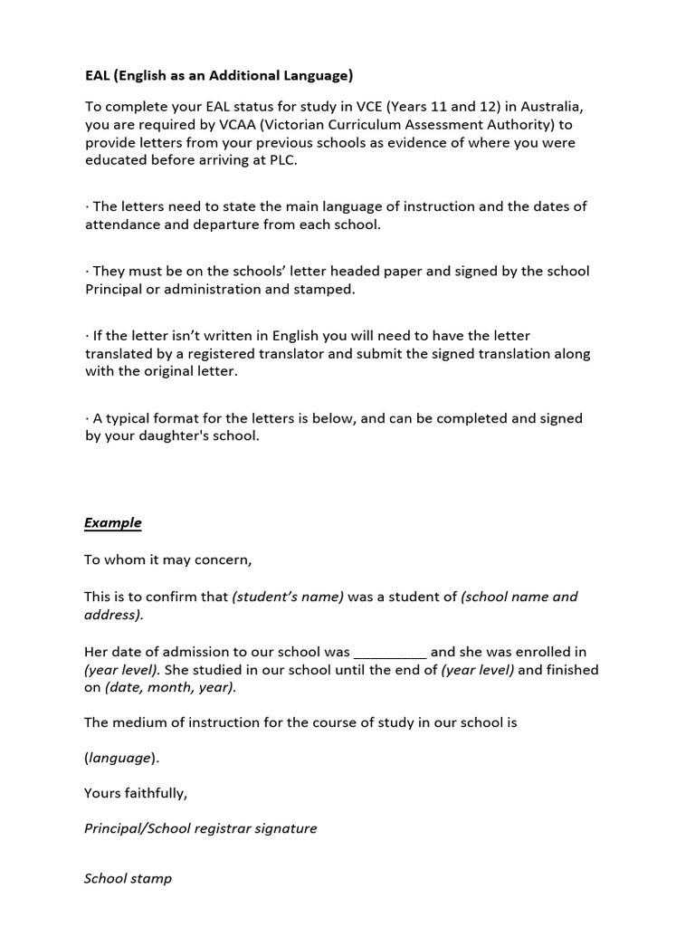 EAL Evidence Letter | PDF