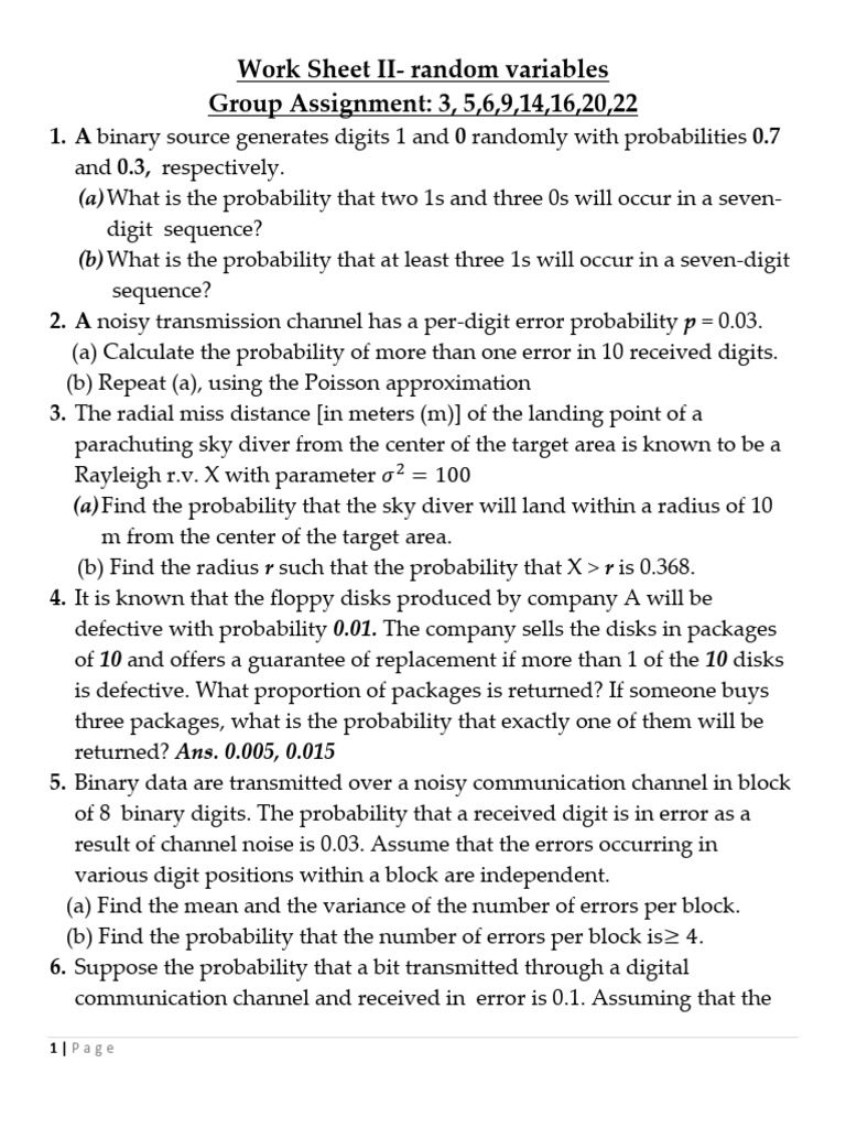 Random Variables Probability Worksheet | PDF | Probability Distribution ...