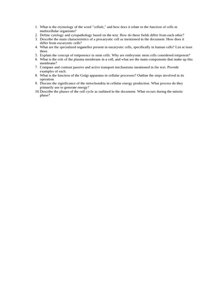 Text Dependent Questions On Cell Biology | PDF