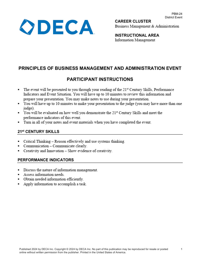 65e2139d190a5c9517f35782 DECA PBM 2024 District Event | PDF | Copyright ...