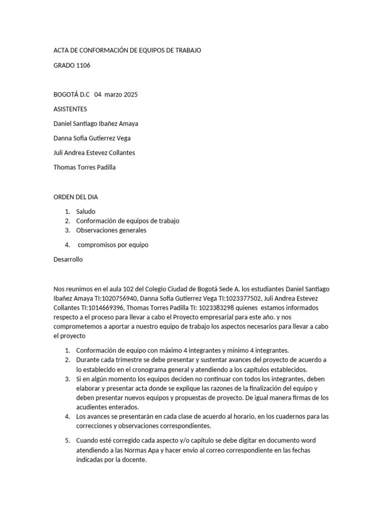 Acta de Conformacion de Equipos de Trabajo | PDF