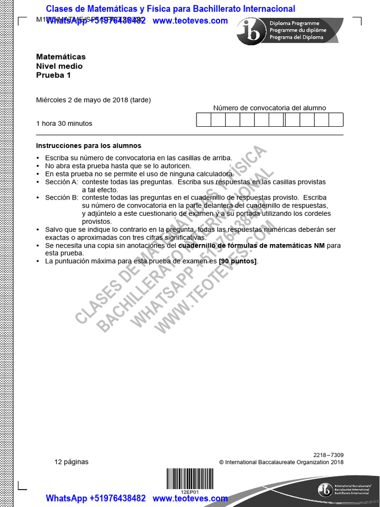 Examen Matematicas Nivel Medio Prueba 1 TZ0 Mayo 2018 | PDF | Geometría ...