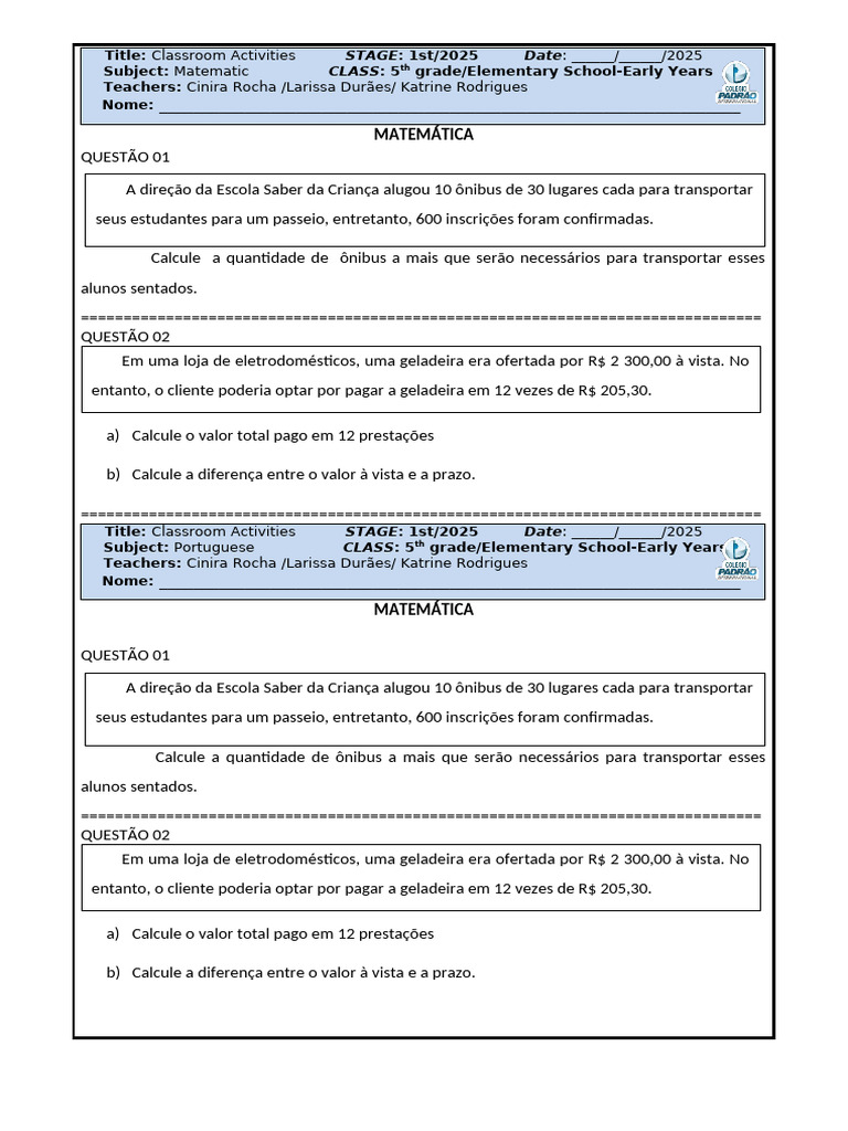 MATEMÁTICA - TAREFA | PDF