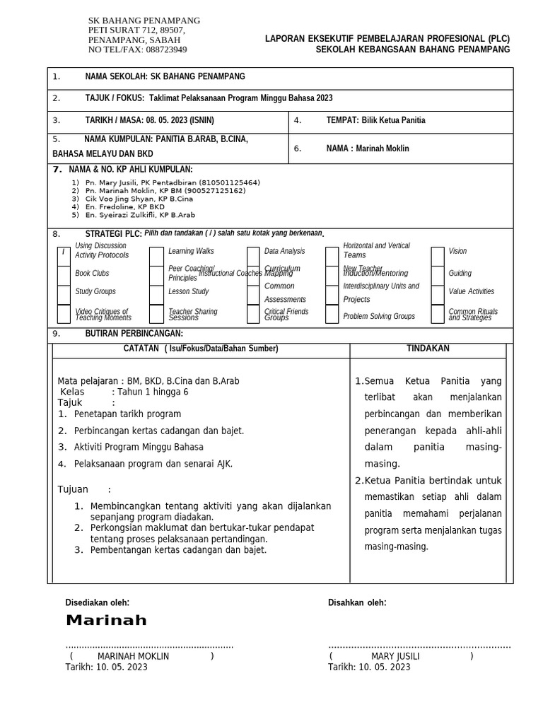 Laporan PLC Ketua Panitia Program Minggu Bahasa 2023 | PDF