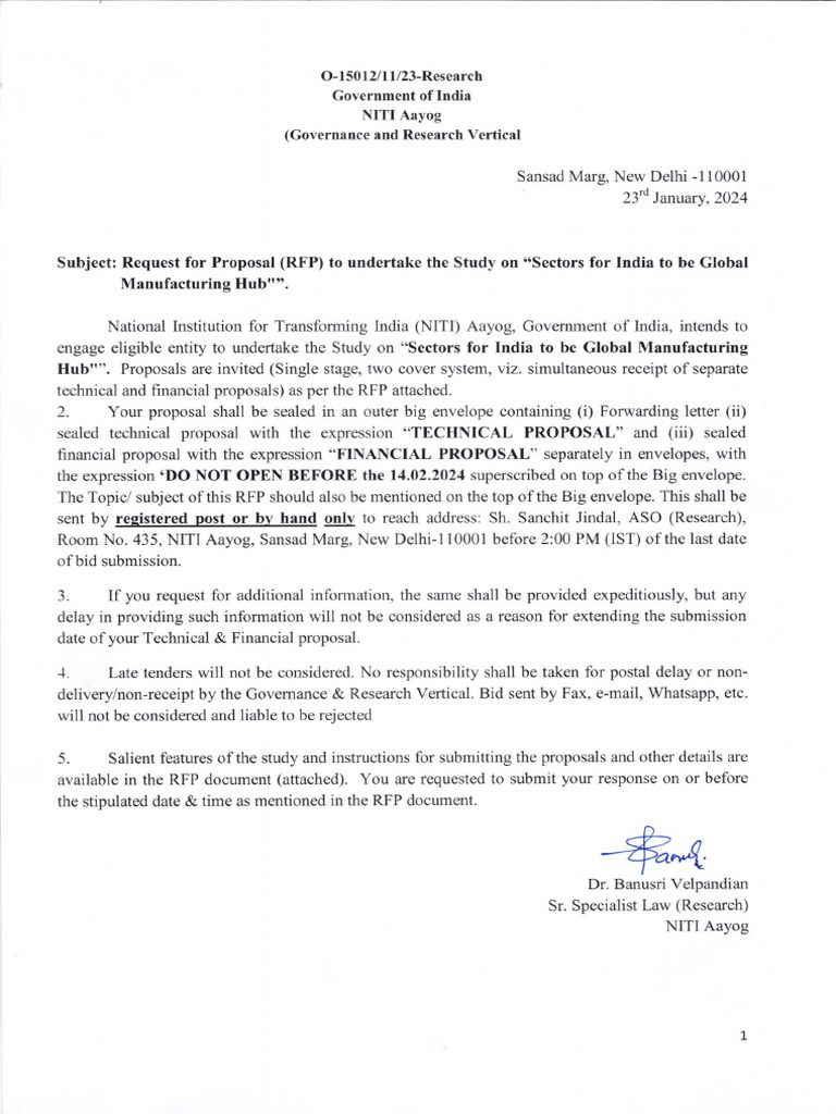 RFP for Study on India's Manufacturing Hub | PDF | Legal Liability ...