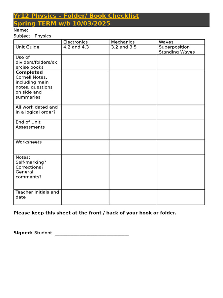 Physics Checklist Spring 2025 | PDF