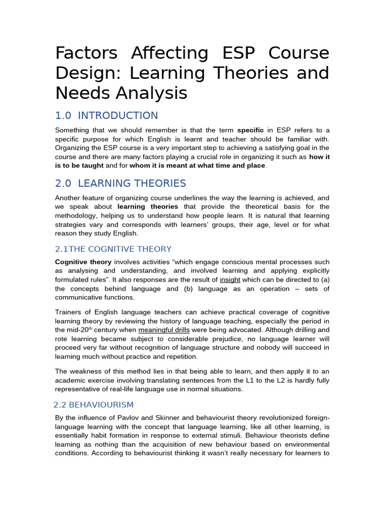 ESP Factors Affecting ESP Course Design Presentation | PDF | Behaviorism | Learning