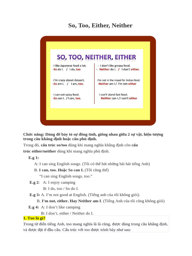 So, Too, Either, Neither | PDF
