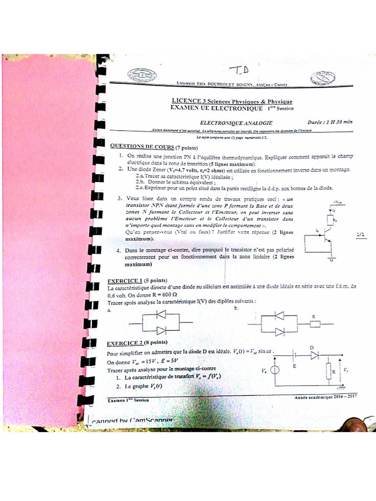 ANCIENS SUJETS CORRIG Ës D' ëLECTRONIQUE L3 SP & P | PDF