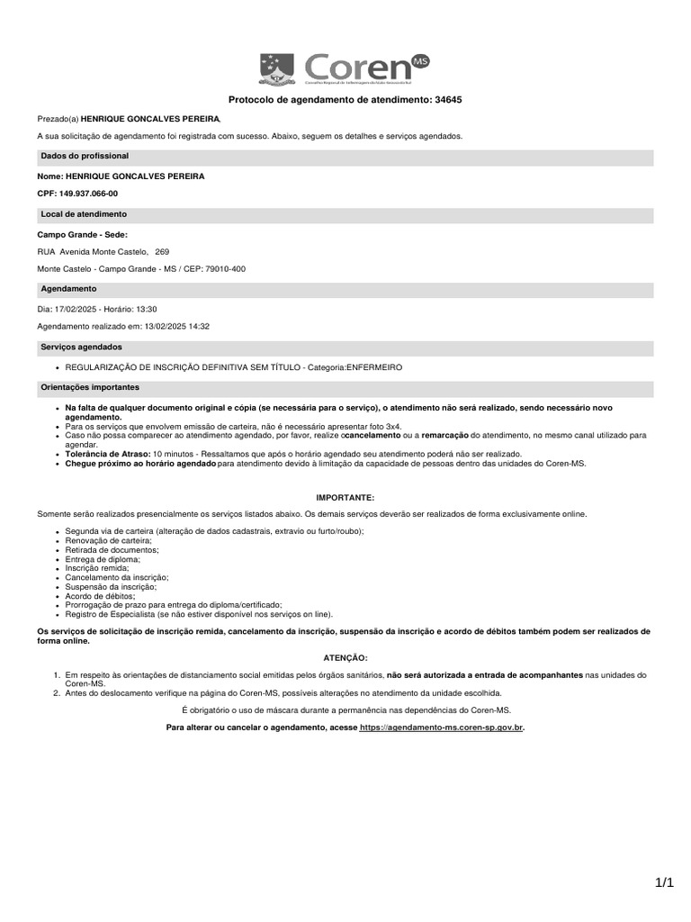 Protocolo Corensp Agendamento | PDF