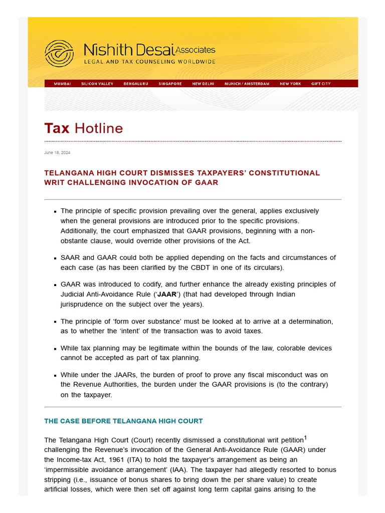 Telangana HC Dismisses GAAR Challenge | PDF | Taxes | Tax Avoidance