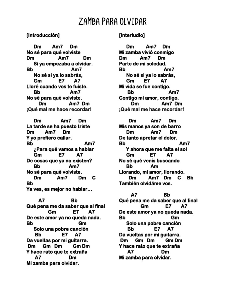 Zamba para Olvidar: Letra Completa | PDF