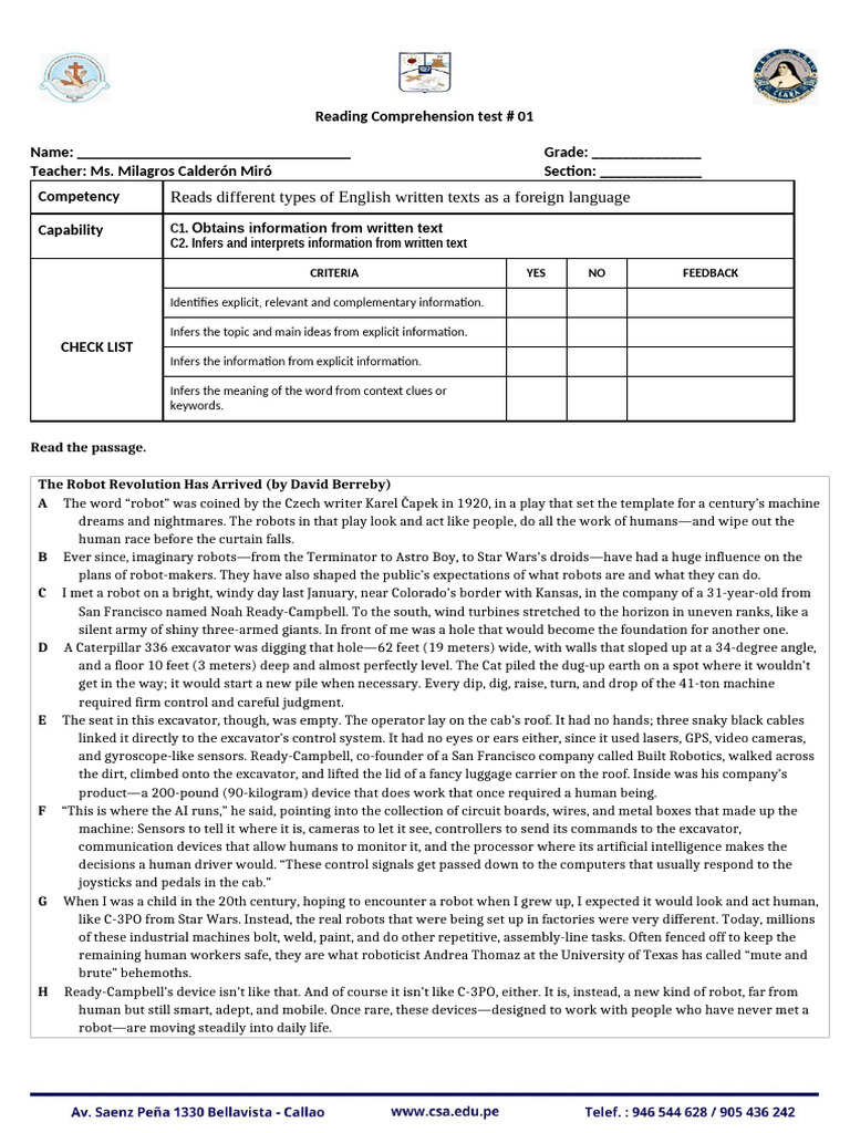 Robot Reading Comprehension Test | PDF | Robot | Robotics