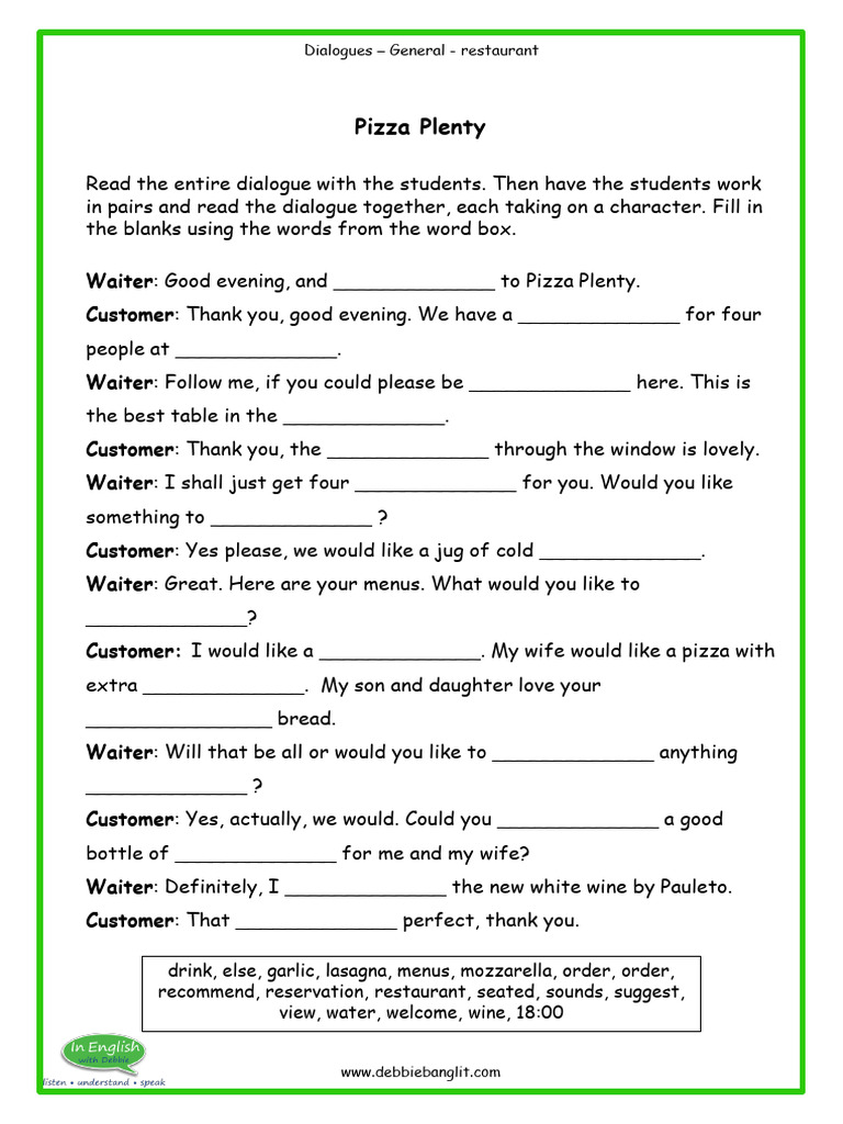 Pizza Plenty Restaurant Dialogue Practice | PDF | Waiting Staff ...