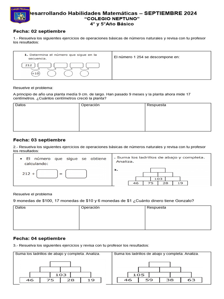LEMA SEPTIEMBRE 4° Y 5° BÁSICO MATEMÁTICAS | PDF | Sustracción | Aritmética