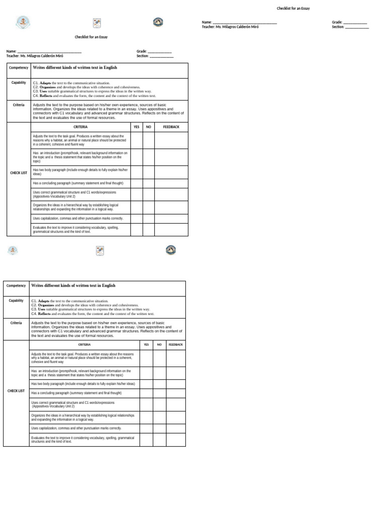 Checklist For An Essay Unit 2 | PDF | Essays | Grammar