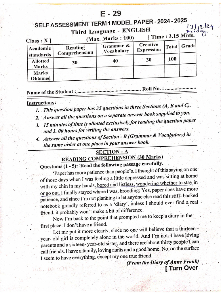 Eng - GOVT SA1 QP - Govt Exam Paper 1 | PDF