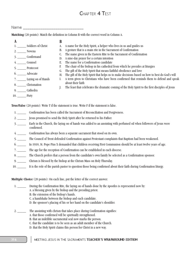 Chapter 4 Test | PDF | Confirmation | Eucharist