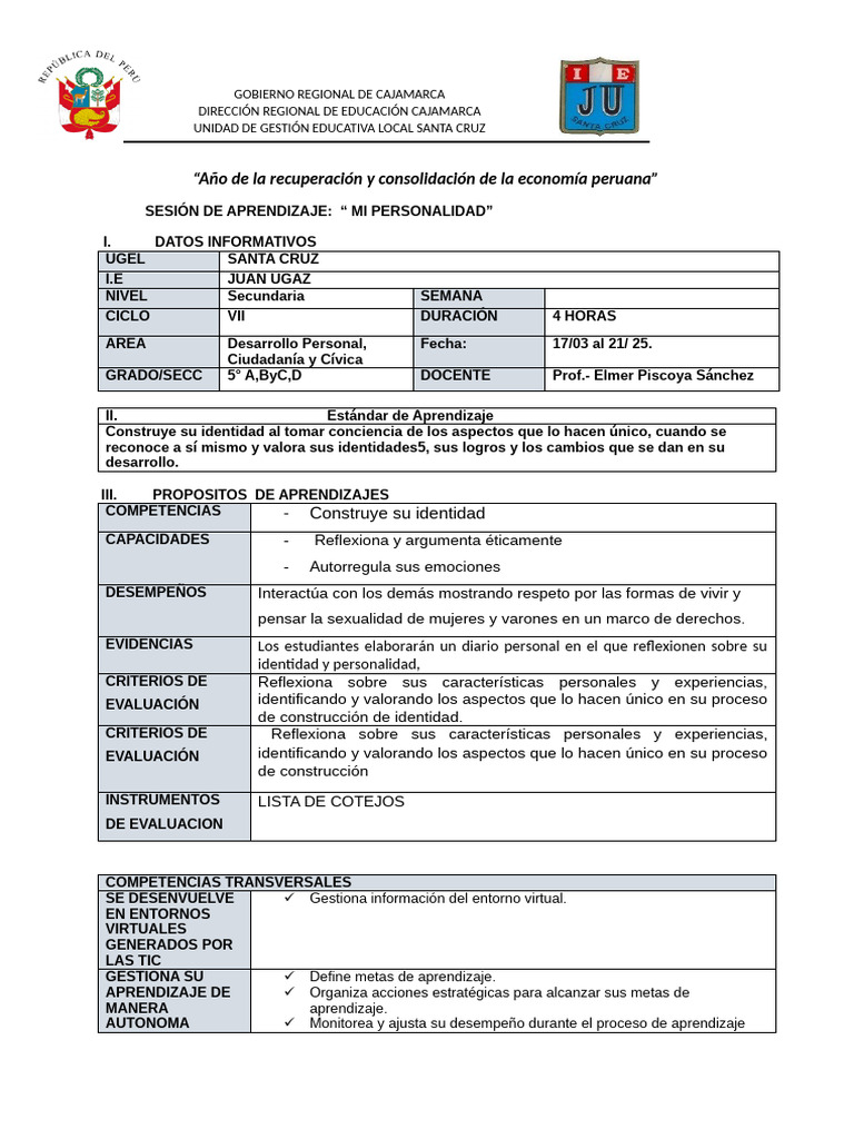 1° SESION DE APRENDIZAJE DPCC. 5°2025 de La 1° Unidad | PDF | Aprendizaje | La sexualidad humana