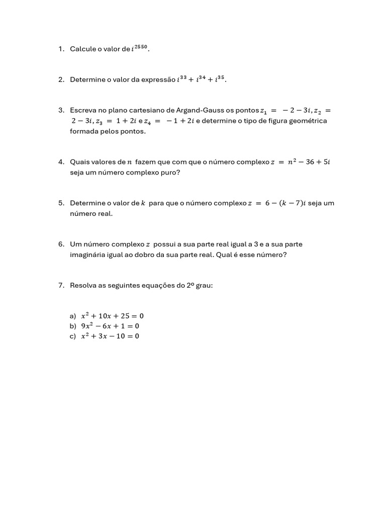 Exercícios - Números Complexos | PDF