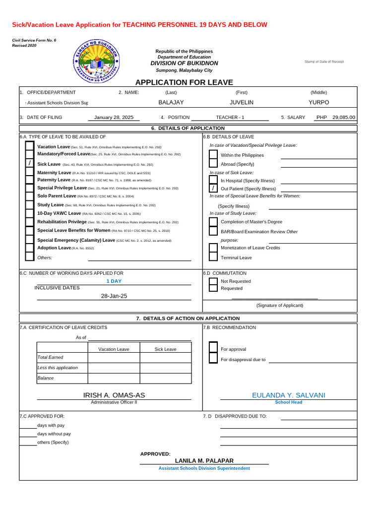CSC Form 6 South Teaching 19 Days and Below | PDF | Parental Leave ...