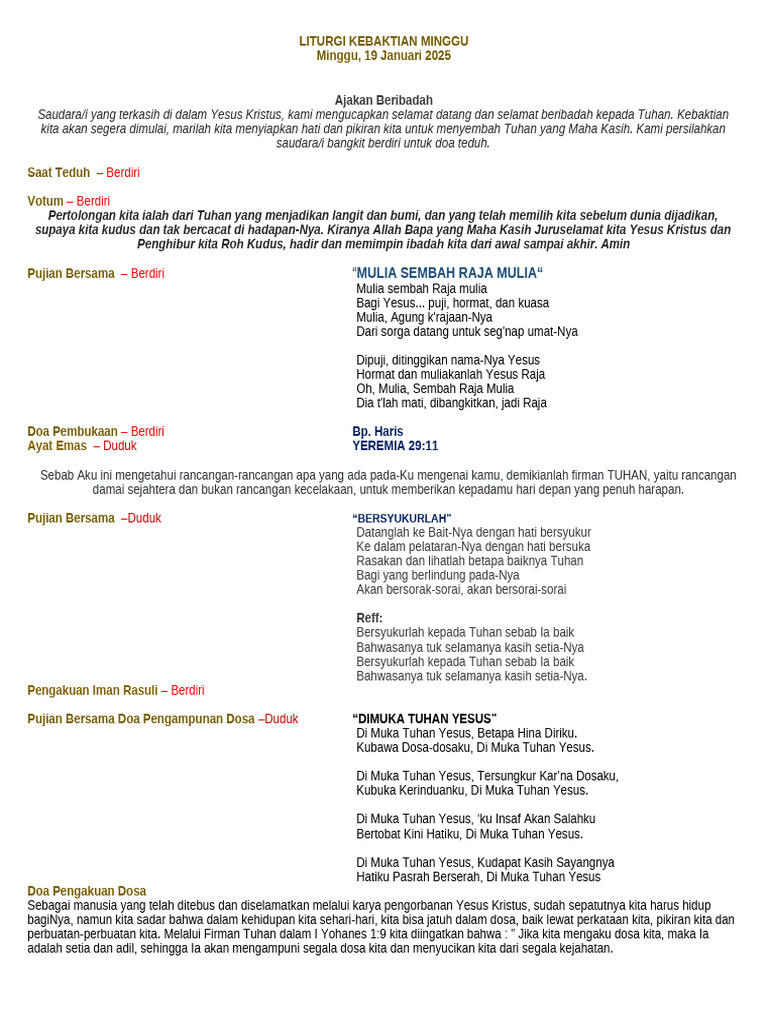 Liturgi Kebaktian Minggu 19 Jan 2025 | PDF
