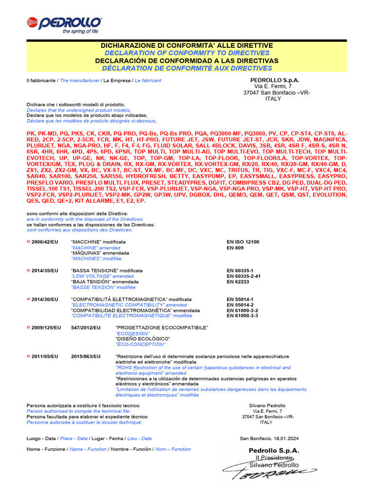 Pedrollo Cert. Declaraci N de Conformidad 18.ene.2024 | PDF | Seguridad y salud ocupacional ...