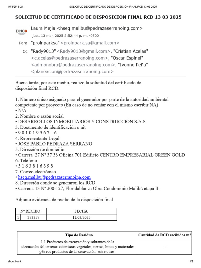 Solicitud de Certificado de Disposición Final Rcd 13 03 2025 | PDF | Materiales | Materiales de ...